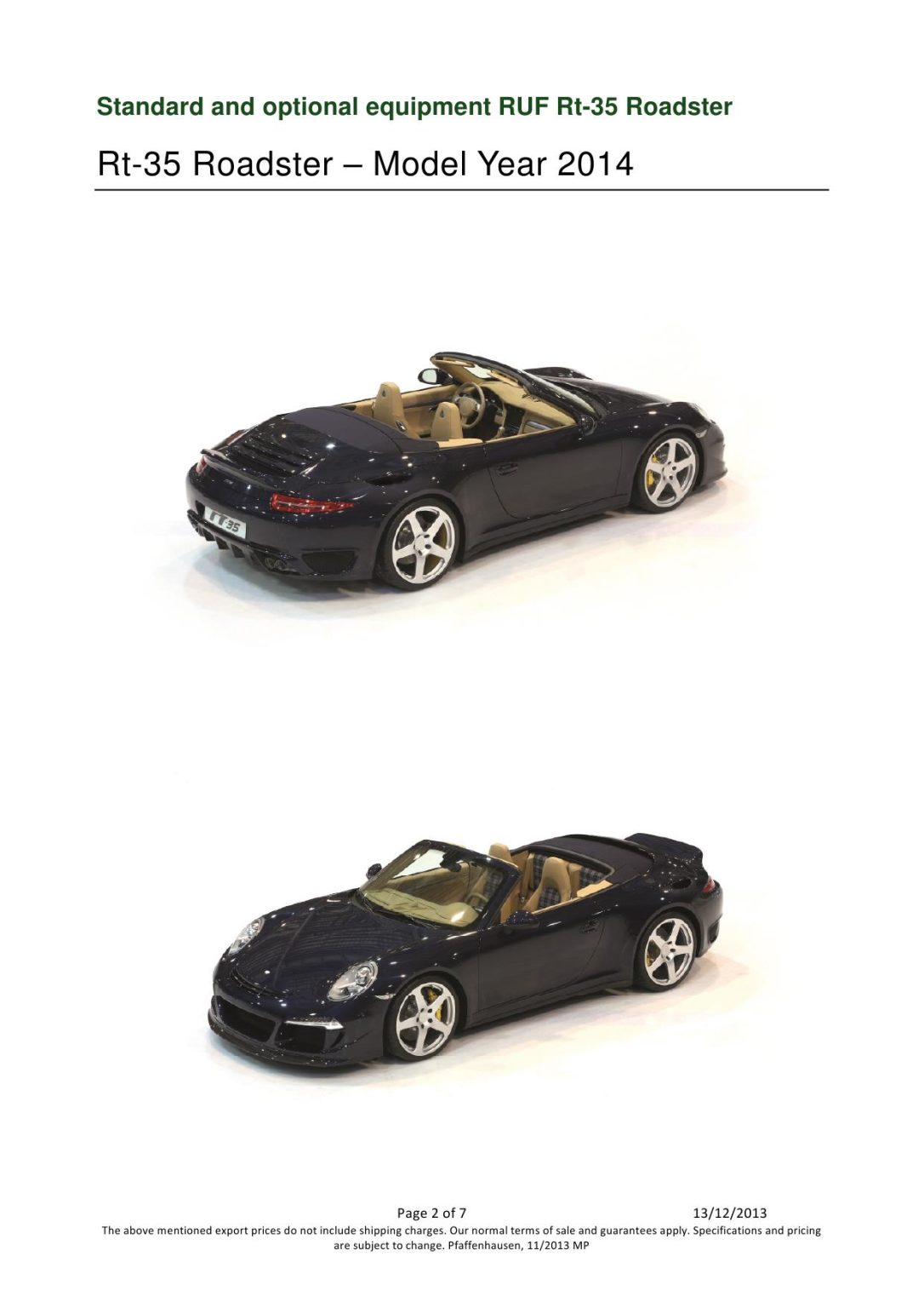 2014 RUF RT35 Roadster - Specifications Sheet