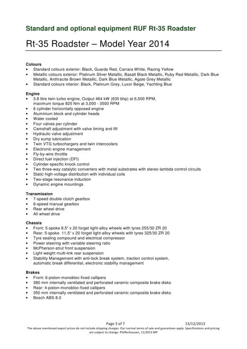 2014 RUF RT35 Roadster - Specifications Sheet