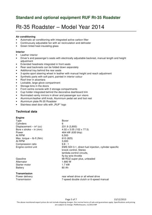 2014 RUF RT35 Roadster - Specifications Sheet