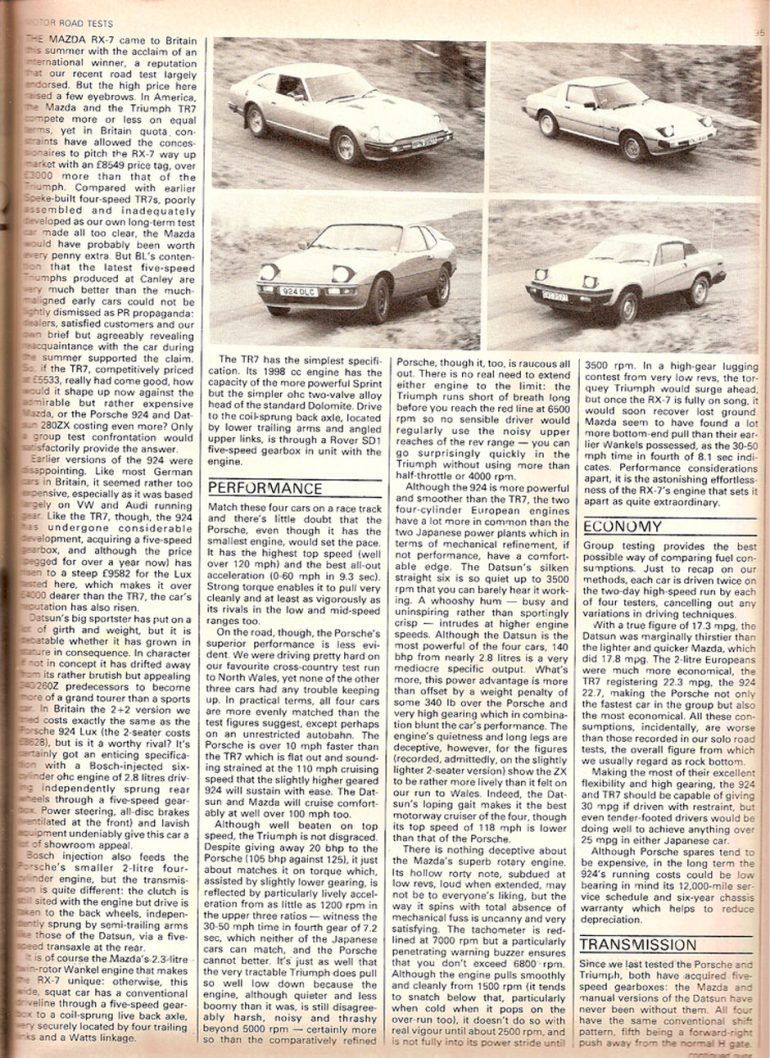 Porsche 924 vs Datsun 280ZX vs Mazda RX7 vd Triumph TR7